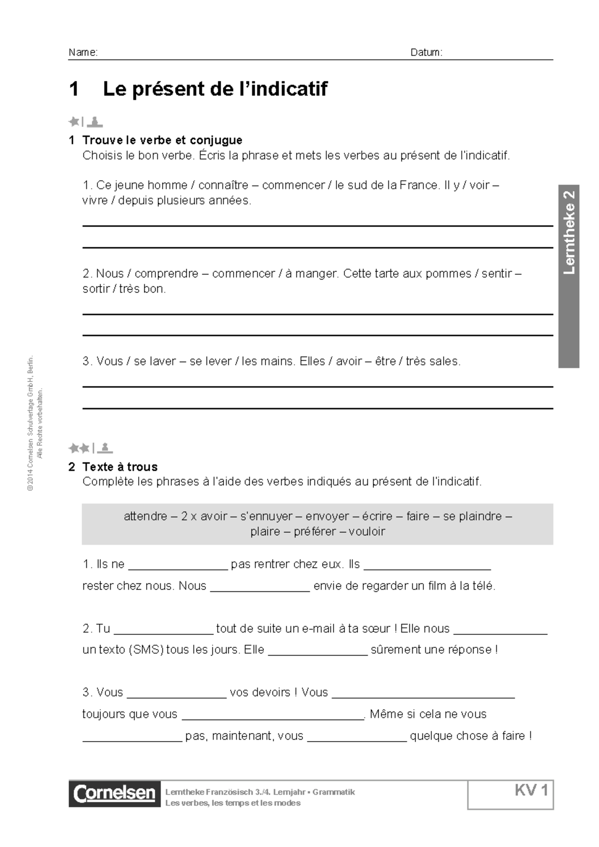 Le présent de lindicatif - Name: Datum: Lerntheke Französisch 3./4 ...