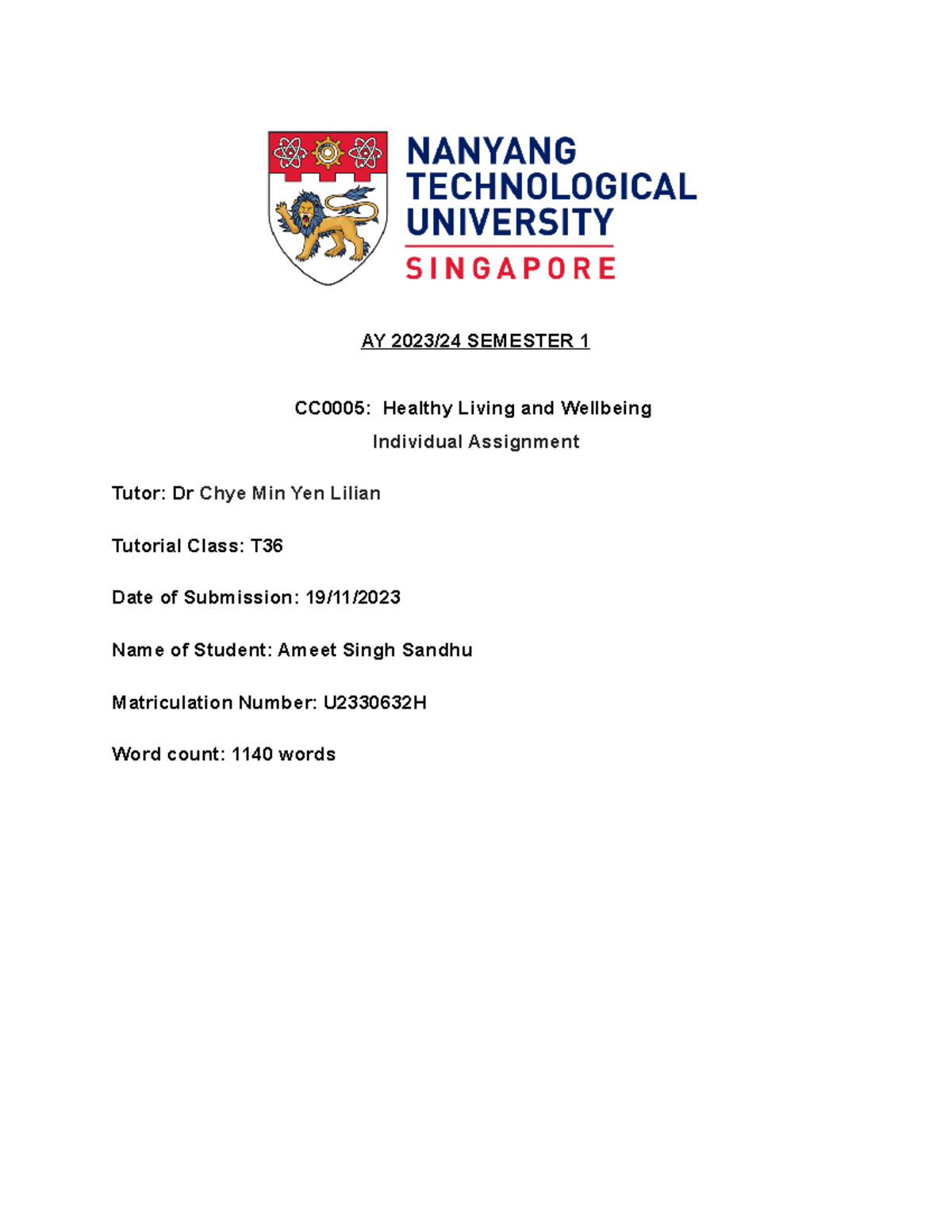 Final Submission - AY 2023/24 SEMESTER 1 CC0005: Healthy Living and ...