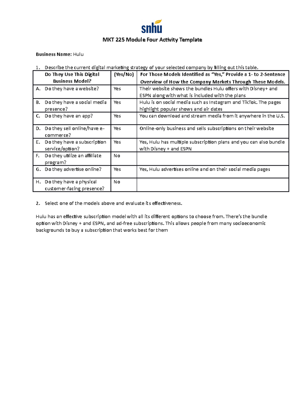 MKT 225 4-2 Assignment - MKT 225 Module Four Activity Template Business ...