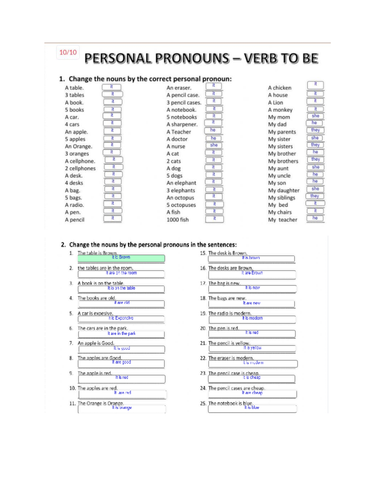 Worksheet - Verb to be and pronouns - PERSONAL PRONOUNS VERB TO BE 1 ...