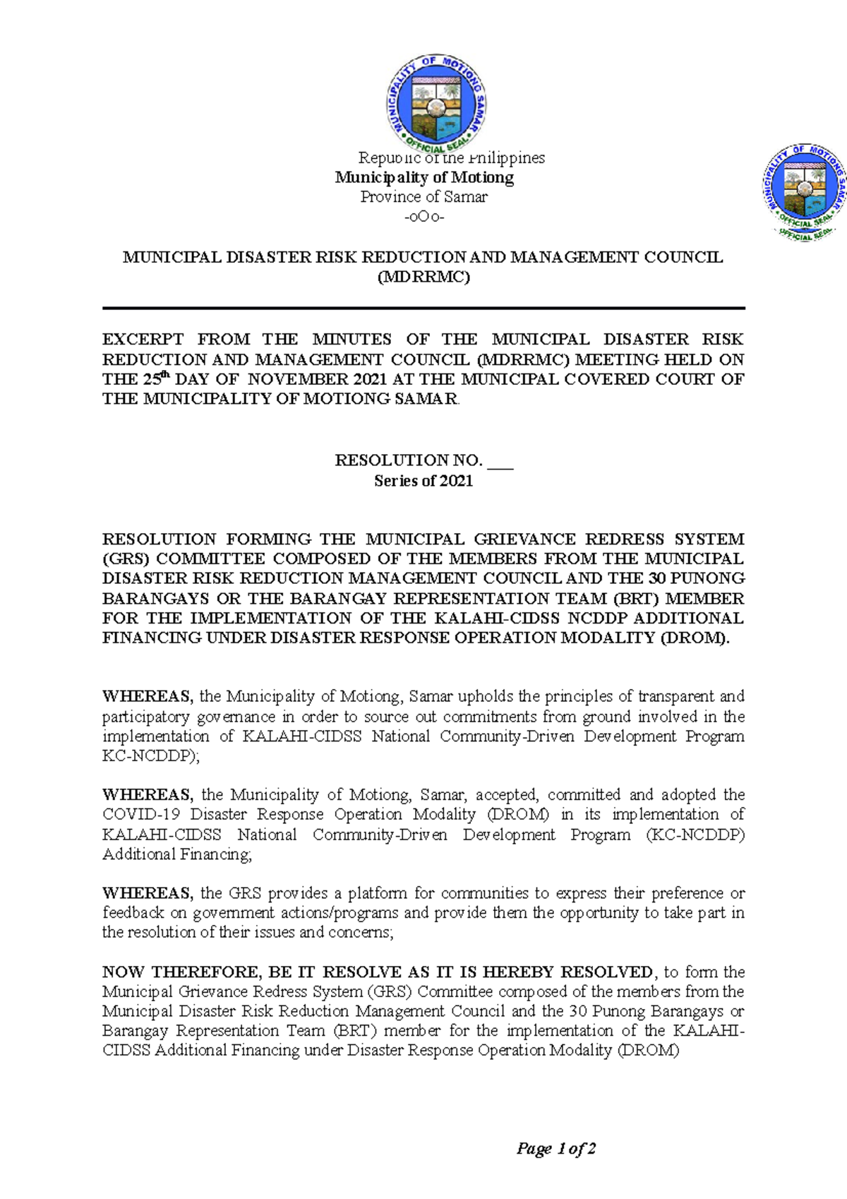 Mdrrmc RESO (forming GRS Committee) - Copy - Republic of the ...