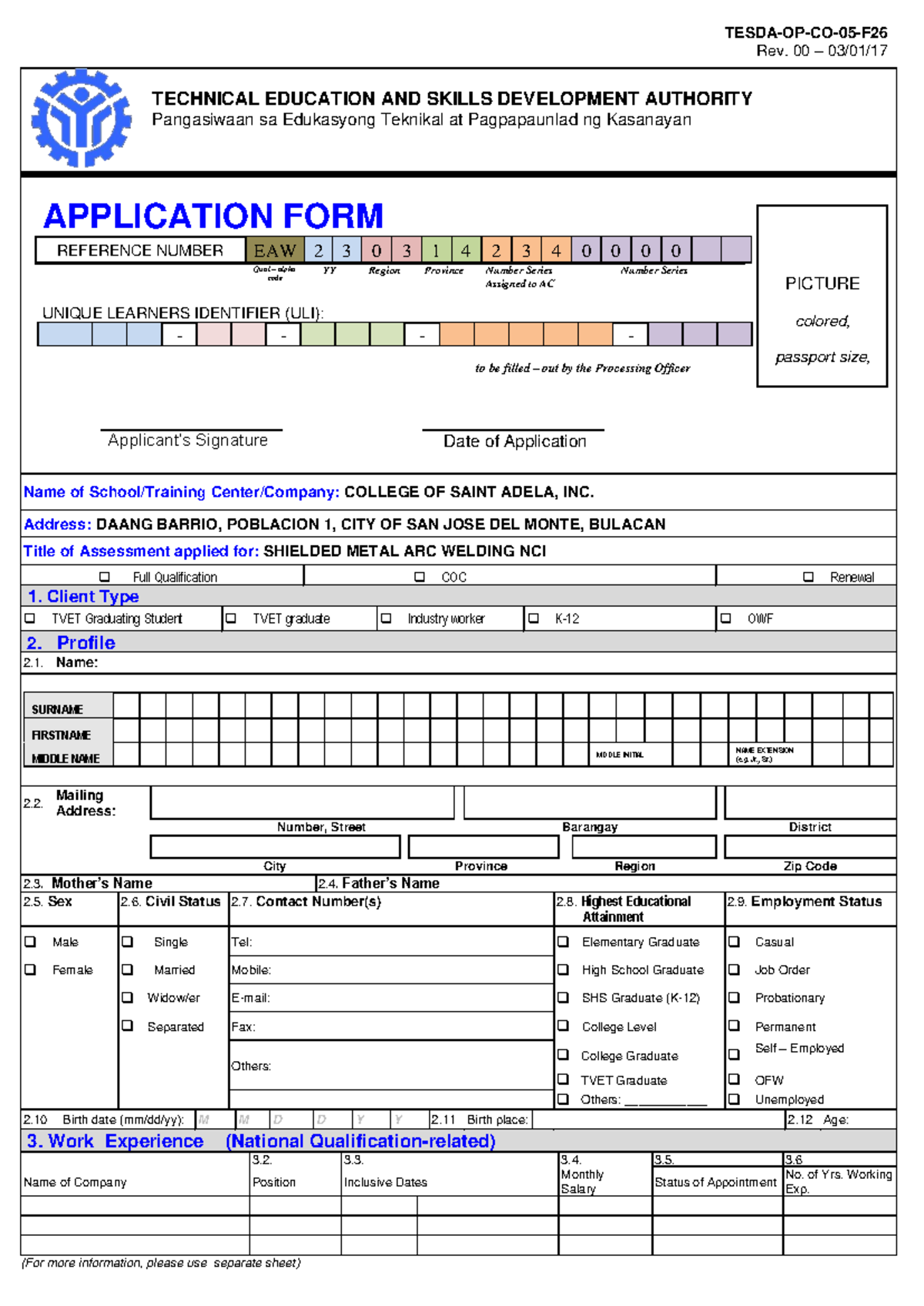 FULL Application FORM - ASDFGHJKL - TESDA-OP-CO- 05 - F Rev. 00 – 03/01 ...
