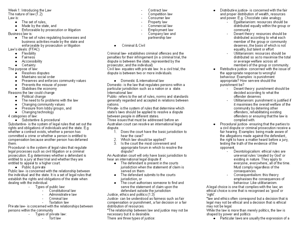Lecture notes - Week 1: Introducing the Law The nature of law (1) Law ...