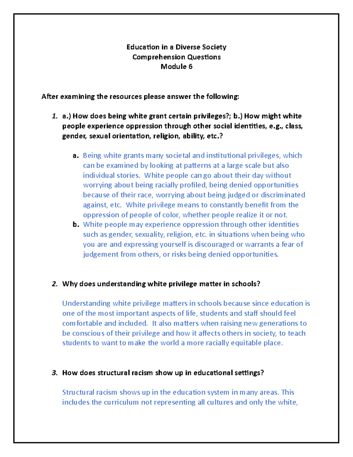 Module 6Comprehension Questions - Education in a Diverse Society ...