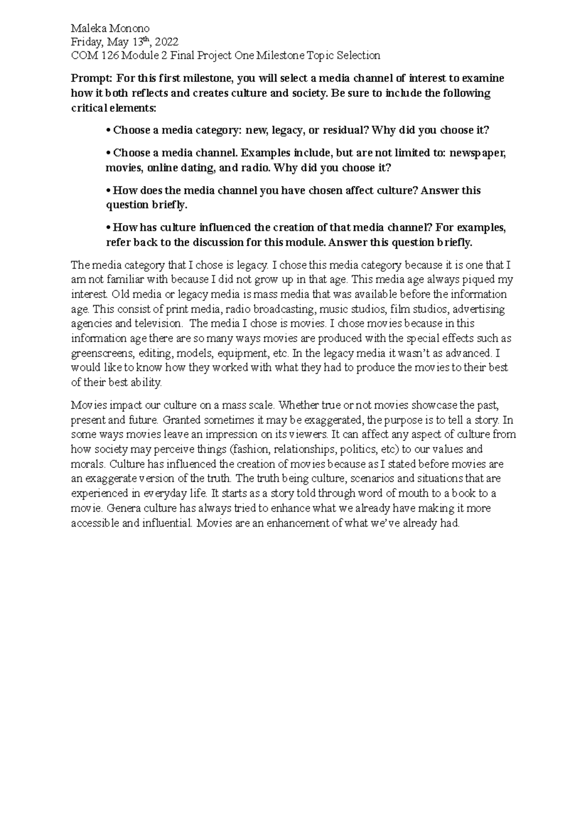 COM 126 Module 2 Final Project One Milestone Topic Selection - Maleka ...