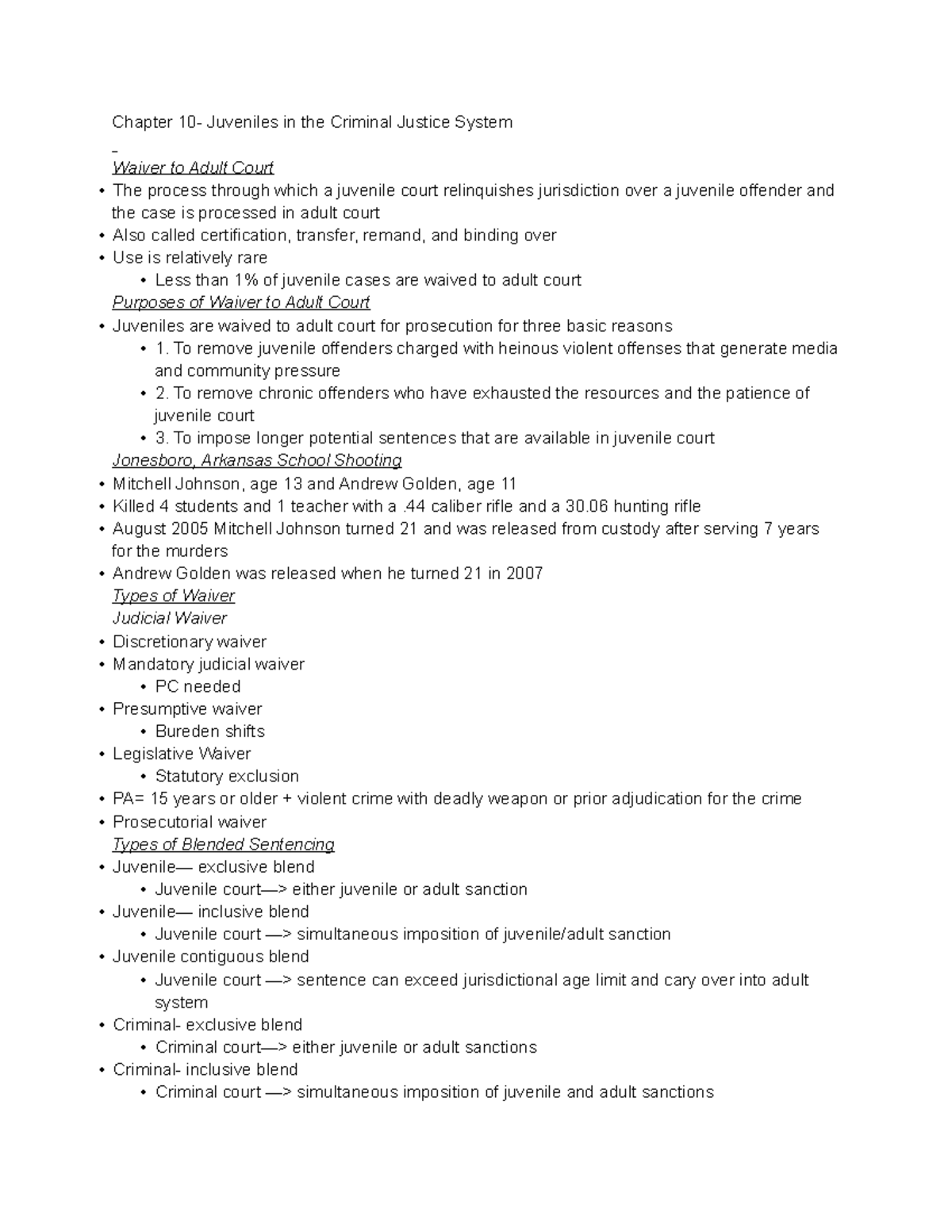 Juvenile Delinquency- Chapter 10 notes Juveniles in the Criminal ...