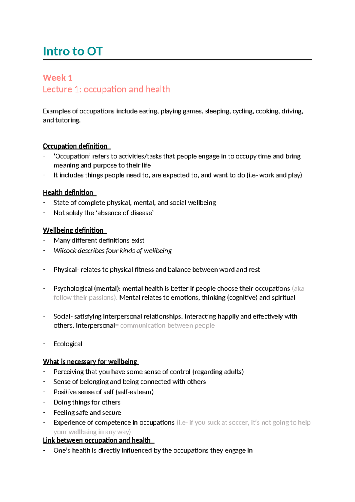 Intro to OT notes - Intro to OT Week 1 Lecture 1: occupation and health ...