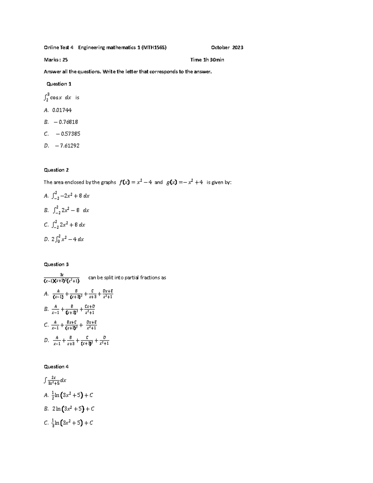 Online Test 4 OP - Online Test 4 Engineering mathematics 1 (MTH156S ...