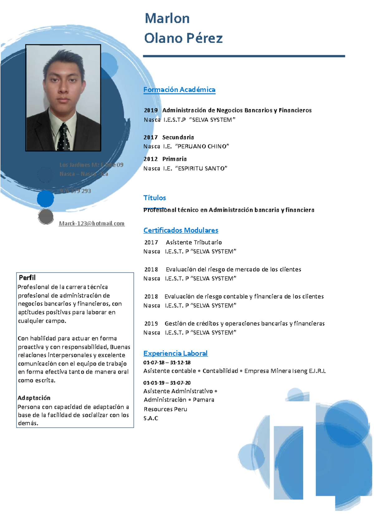 PDF CV Marlon - MODELO DE CV - Marlon Olano Pérez Formación Académica 2019 Administración de ...