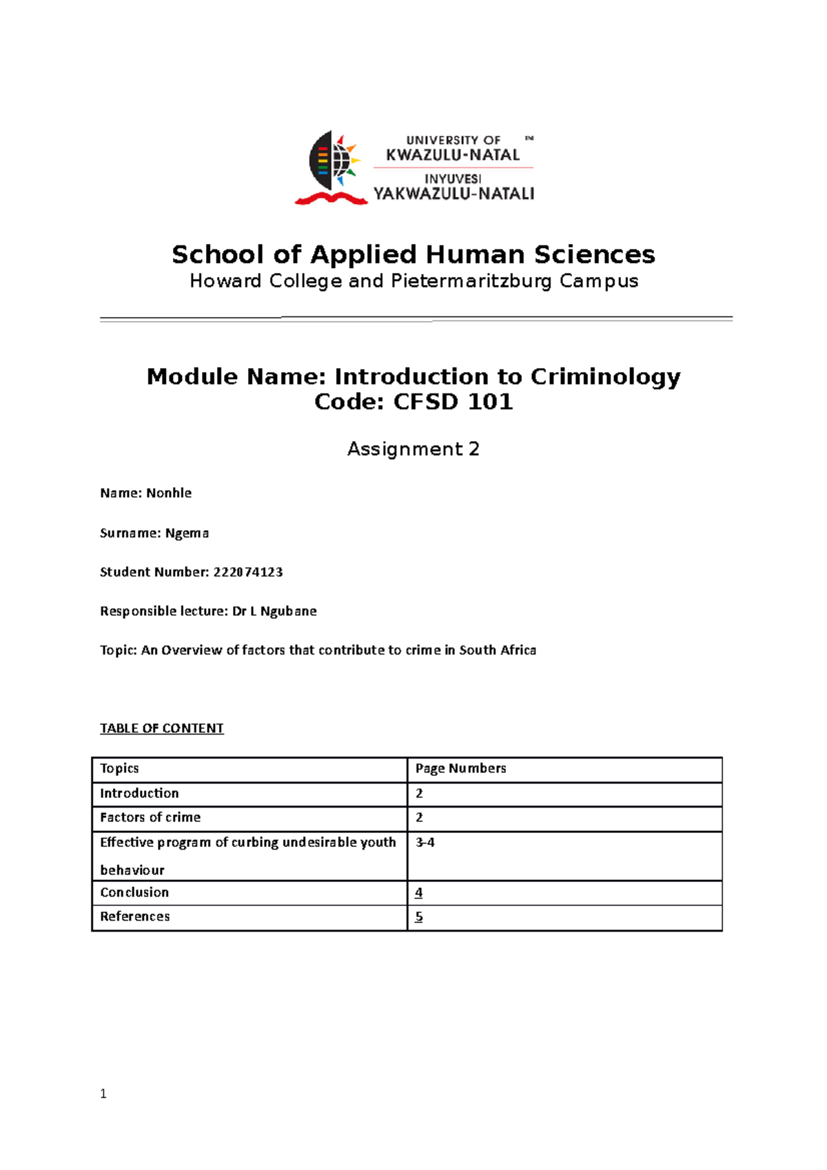 CFSD assignment 2 - csfd - School of Applied Human Sciences Howard ...