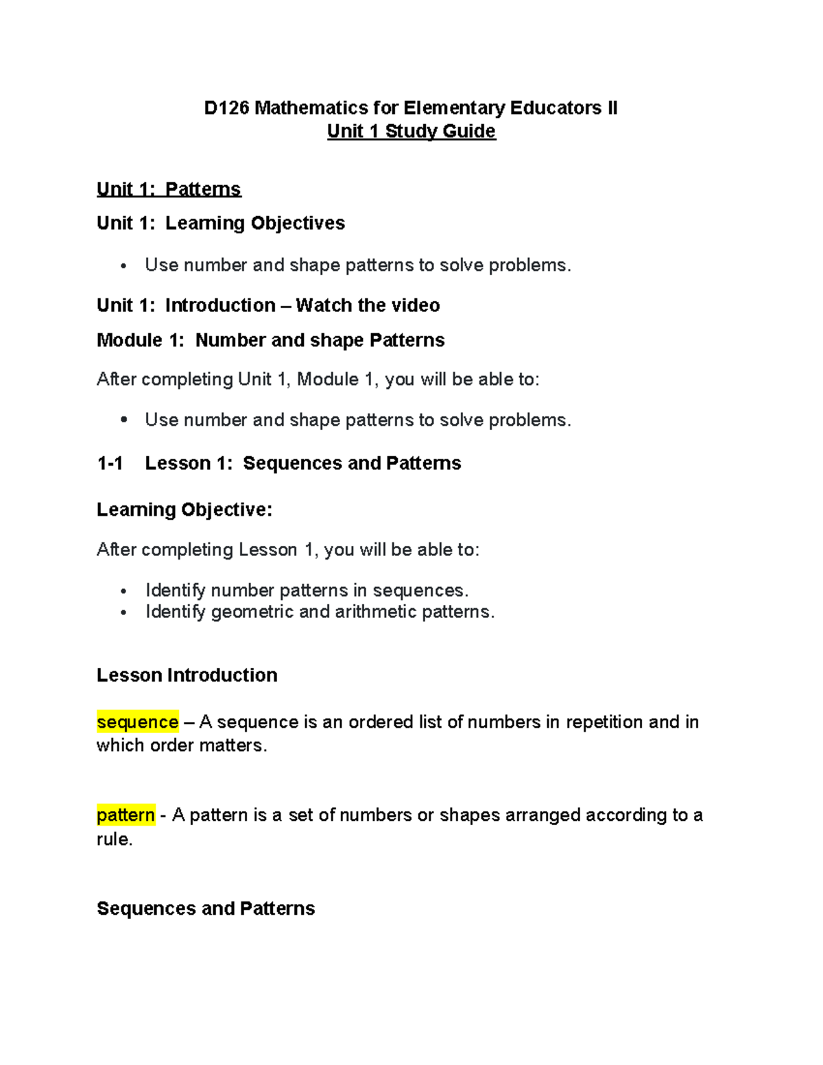 D126 Unit 1 Study Guide - Summary Mathematics for Elementary Educators ...