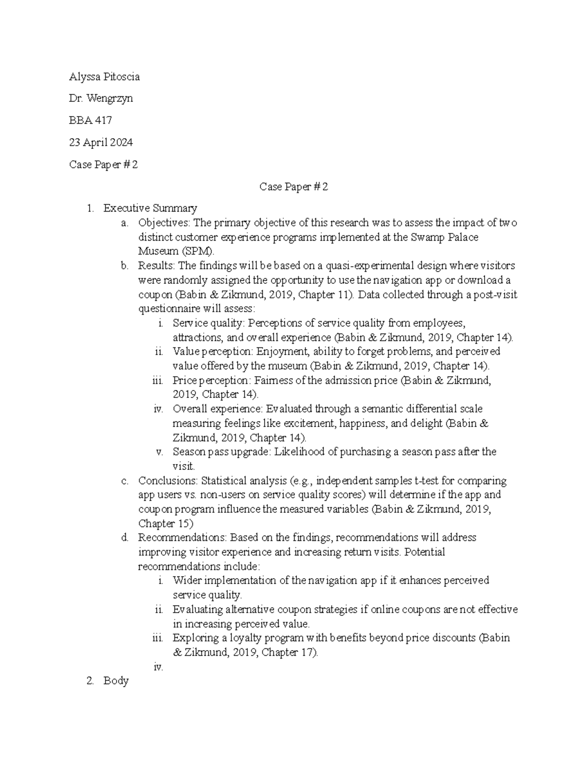 BBA 417 Case Paper #2 Pitoscia, Alyssa - Alyssa Pitoscia Dr. Wengrzyn ...