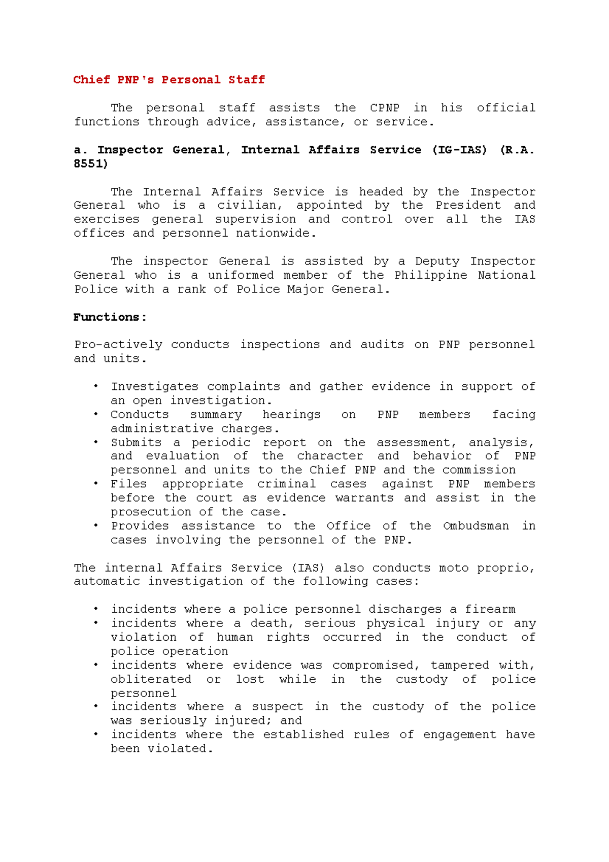 Chief PNP's Personal Staff - a. Inspector General, Internal Affairs ...