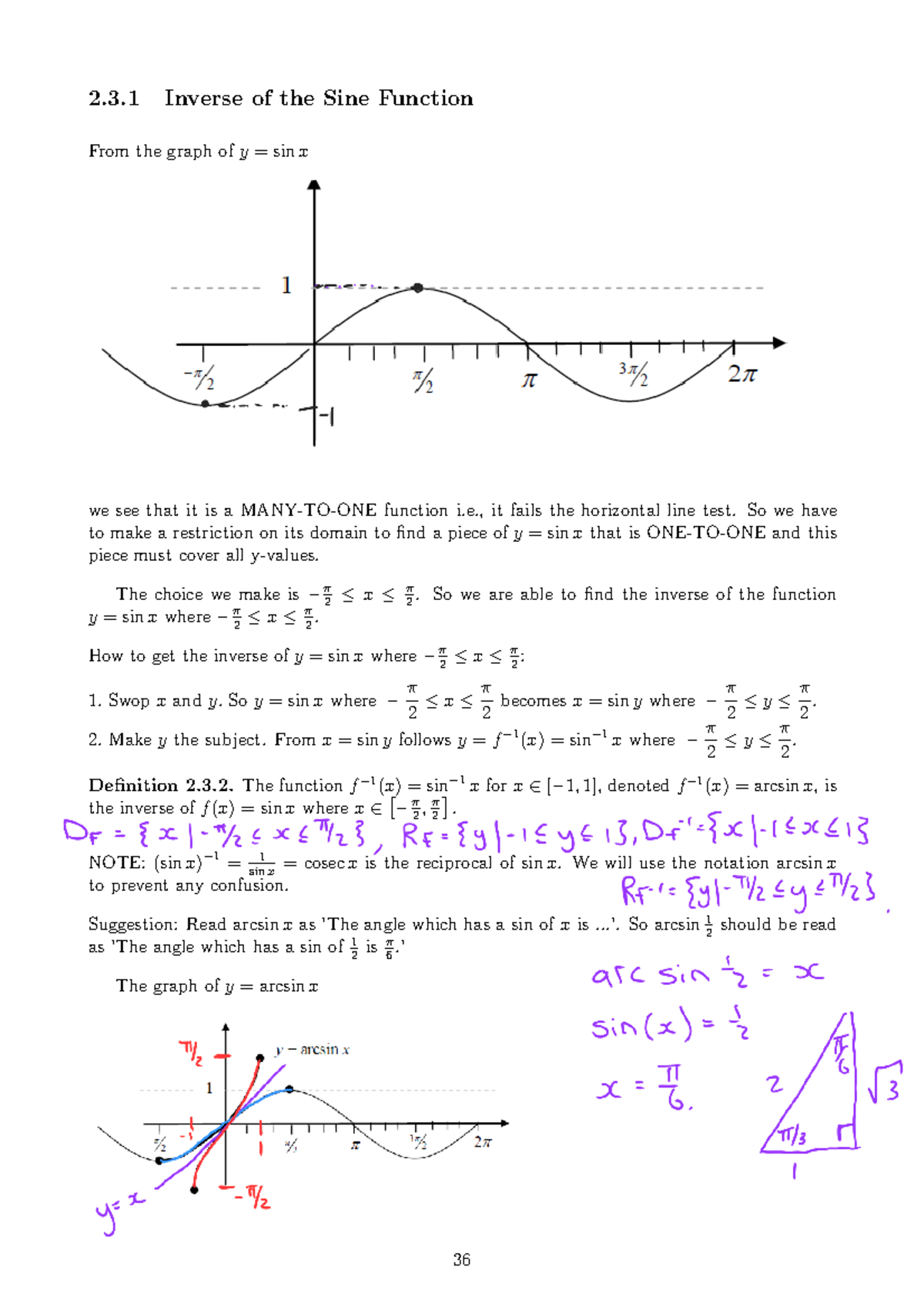 Week 3 Algebra Lecture 2.2 Arcsin - Notes - 2.3 Inverse of the Sine ...