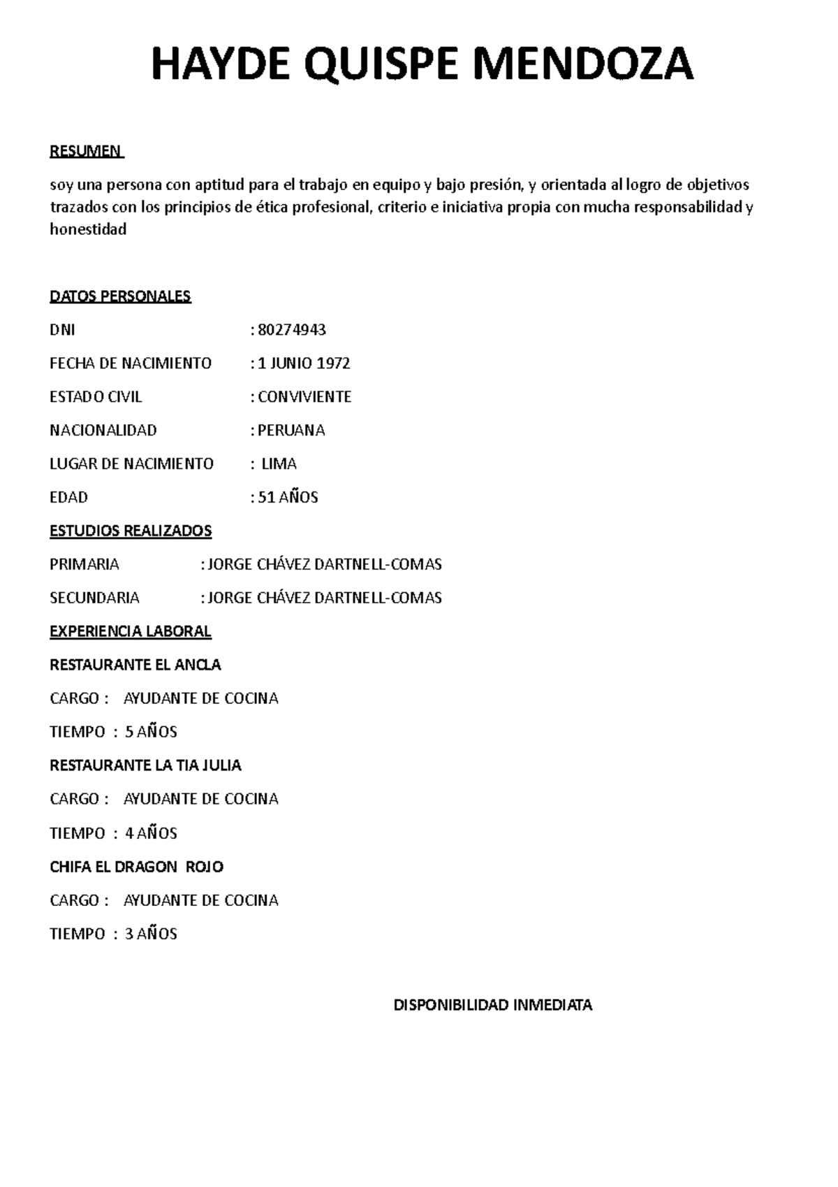 Currículum vitae hayde quispe - HAYDE QUISPE MENDOZA RESUMEN soy una ...