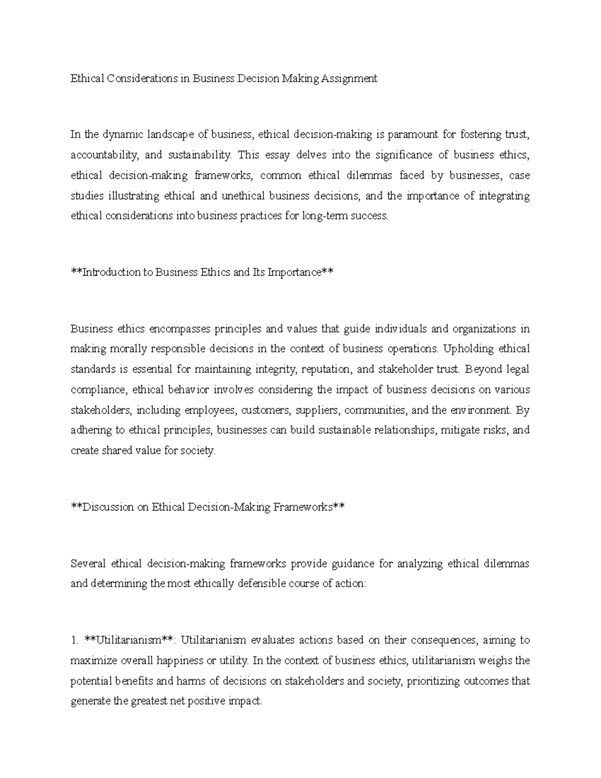 Ethical Considerations in Business Decision Making Assignment - This ...