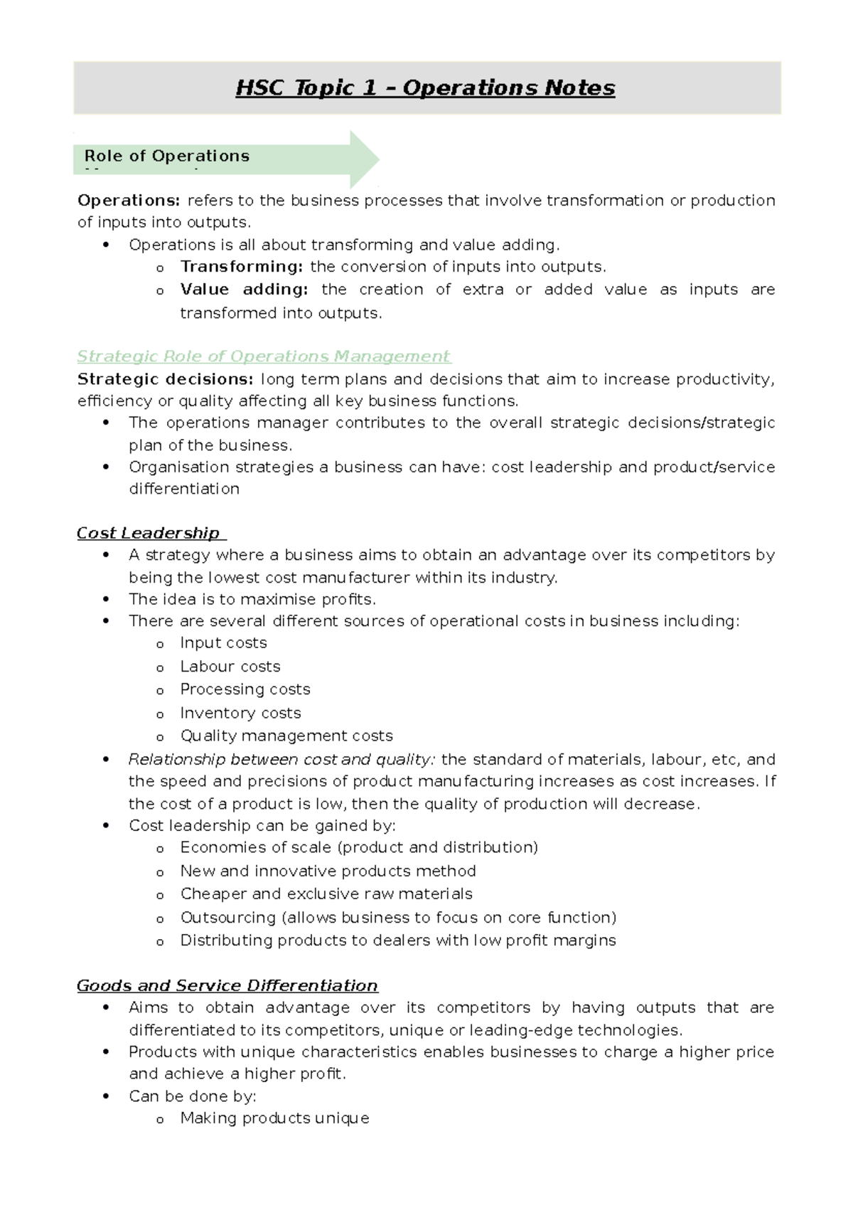 HSC Topic 1 - Operations - HSC Topic 1 – Operations Notes Role of ...