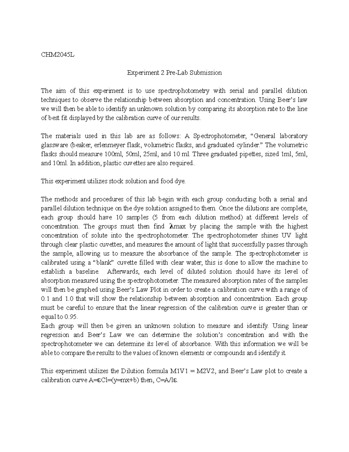 Experiment 2 Pre-Lab Submission - CHM2045L Experiment 2 Pre-Lab ...