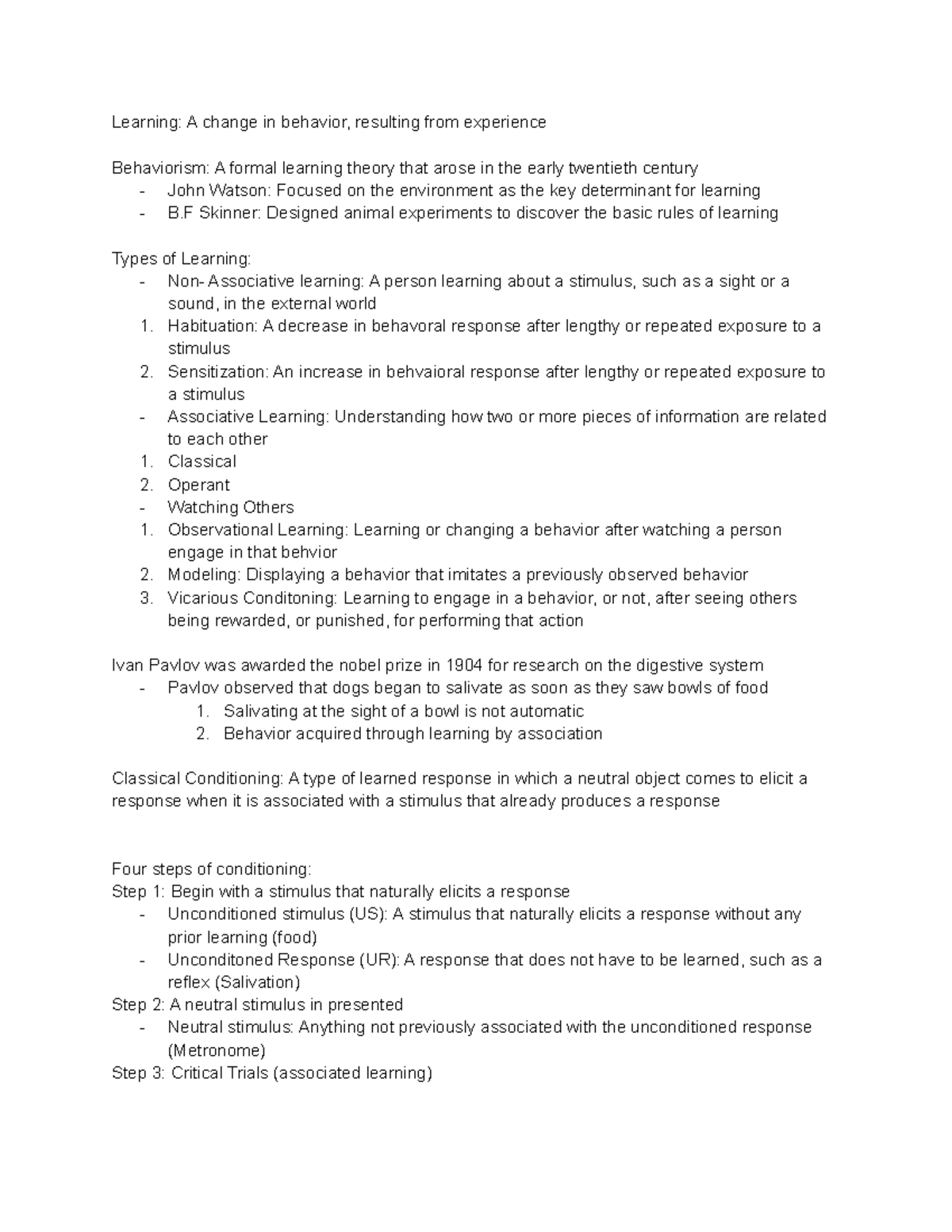 Chapter 6 Psychology - Learning: A change in behavior, resulting from experience Behaviorism: A ...