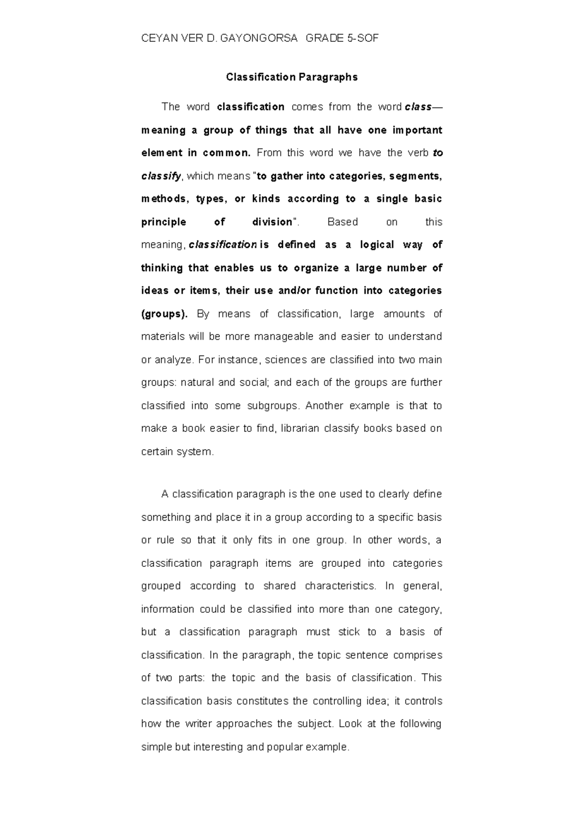 Classification Paragraphs - CEYAN VER D. GAYONGORSA GRADE 5-SOF ...