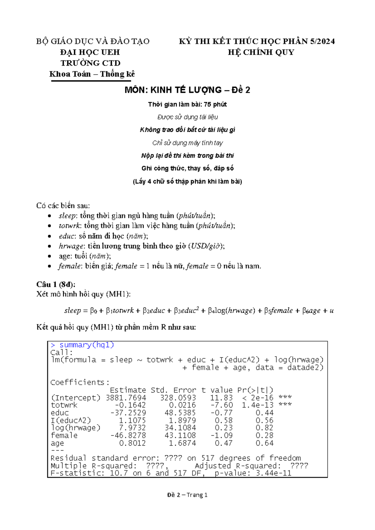 KTL De 2 (2024-05) - đề thi ktl - Đề 2 – Trang 1 BỘ GIÁO DỤC VÀ ĐÀO TẠO KỲ THI KẾT THÚC HỌC PHẦN ...