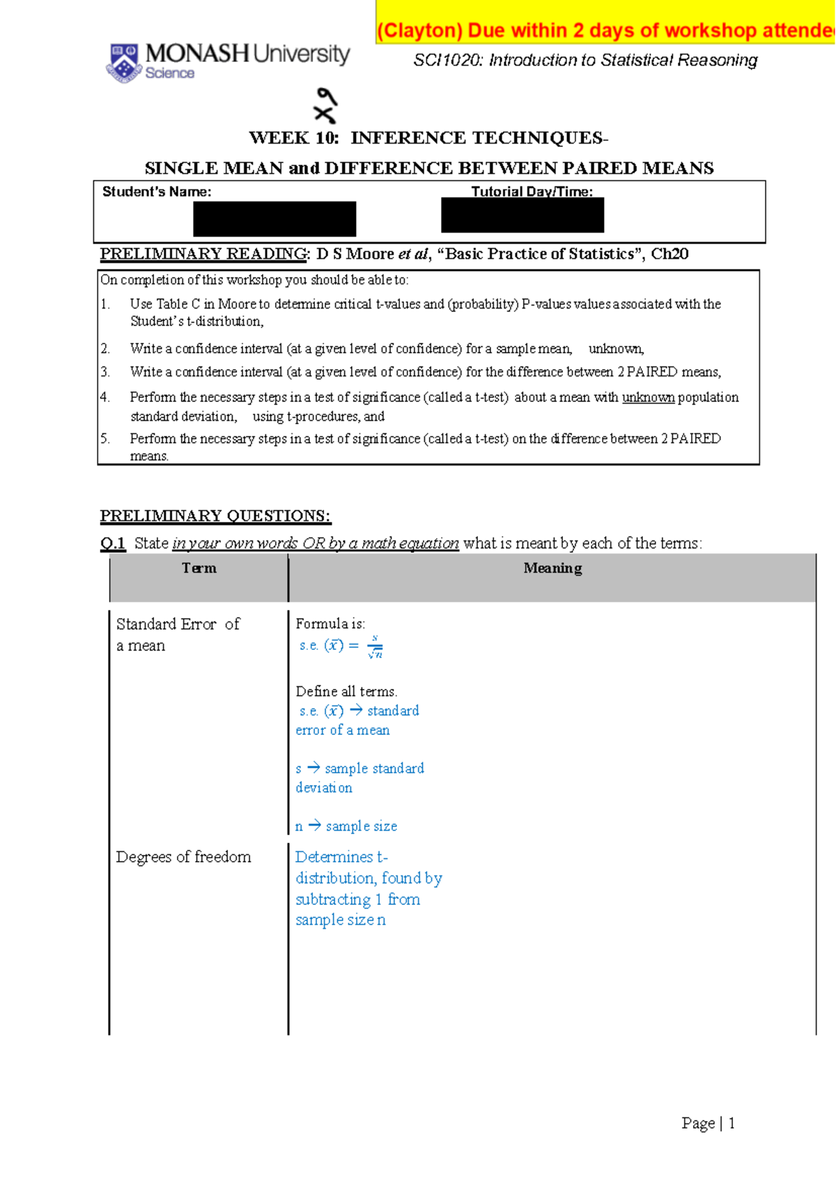 Week 9 worksheet sci 1020 - Page | 1 WEEK 10: INFERENCE TECHNIQUES- SINGLE MEAN and DIFFERENCE ...