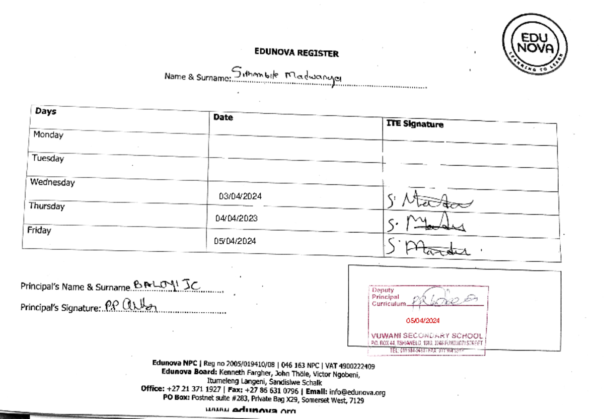 REGISTER FOR 2024 - EDUNOVA REGISTER Days Date Monday 1 'i / 0 L /7 ...