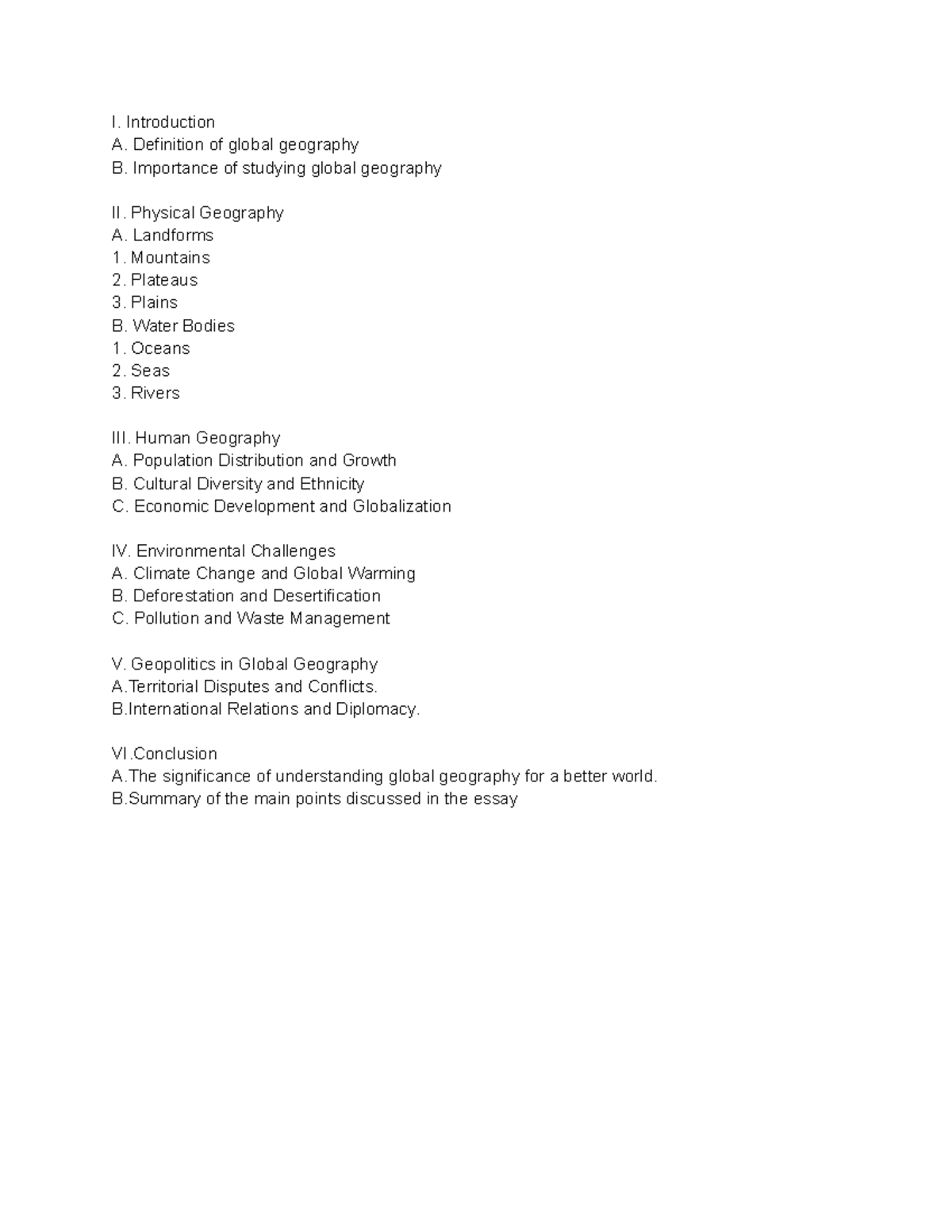 Outline - notes - I. Introduction A. Definition of global geography B ...