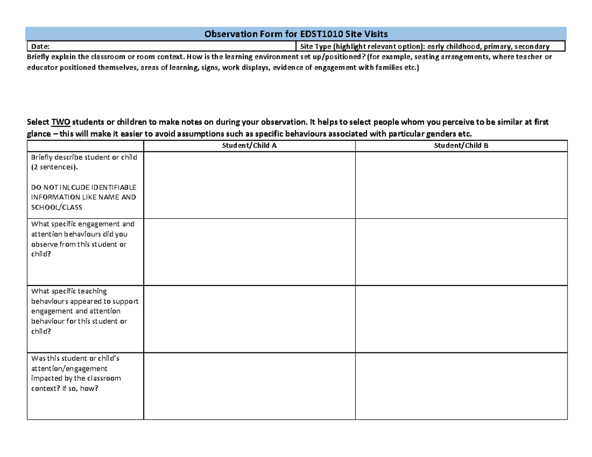 EDST1010 Site Visit Observation Form 2024 - Observation Form for ...