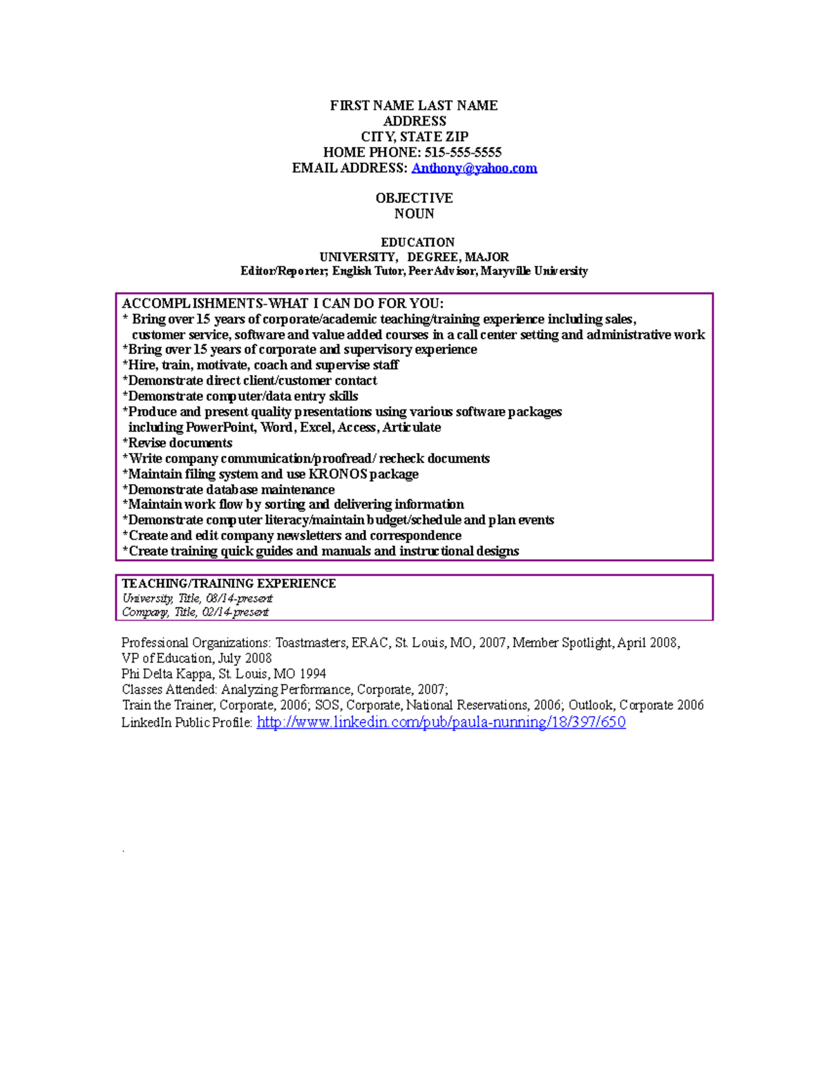 Sampleresumea 1 - notes - FIRST NAME LAST NAME ADDRESS CITY, STATE ZIP ...