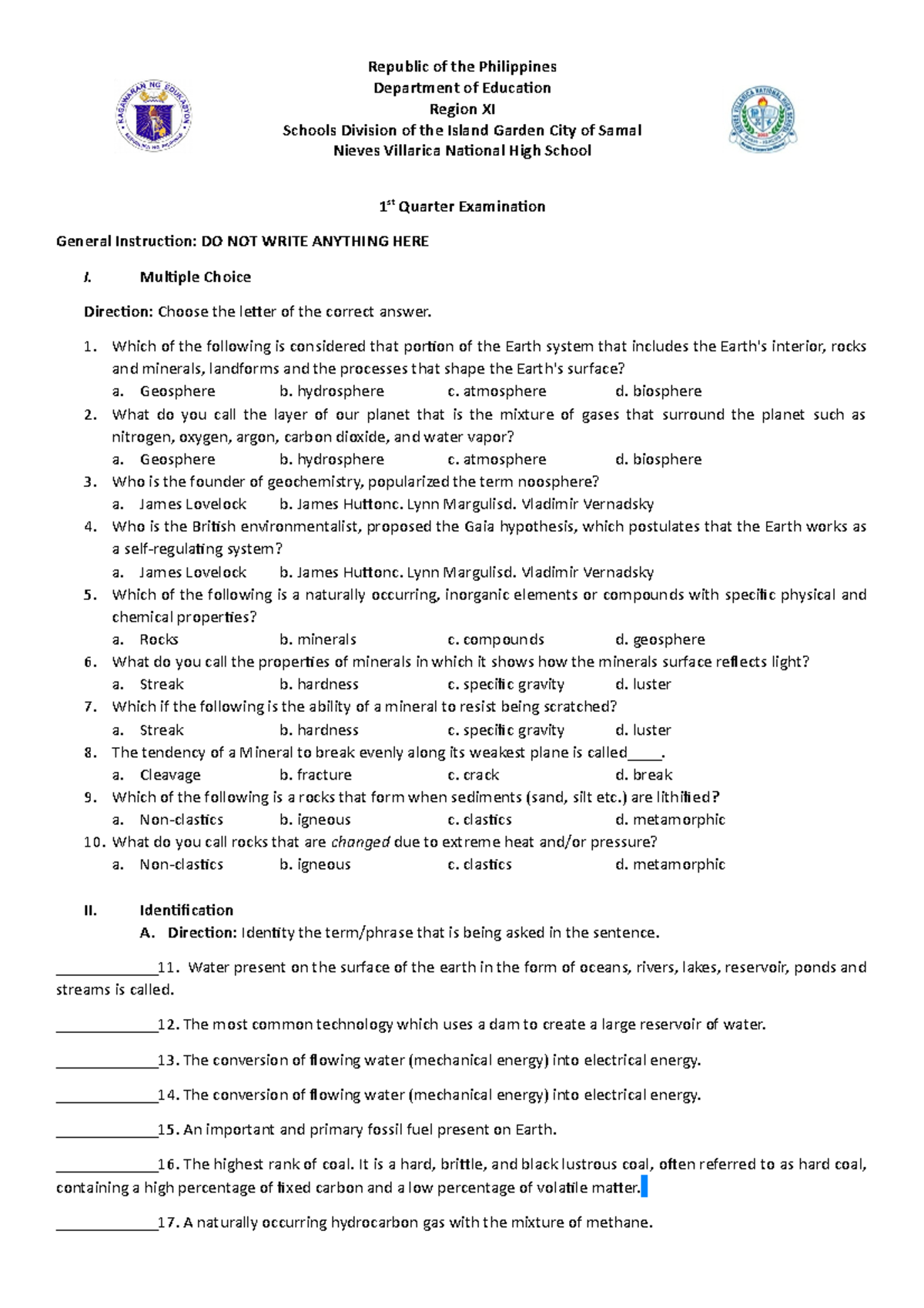 Earth Science Exam - For exam - Republic of the Philippines Department of Education Region XI ...