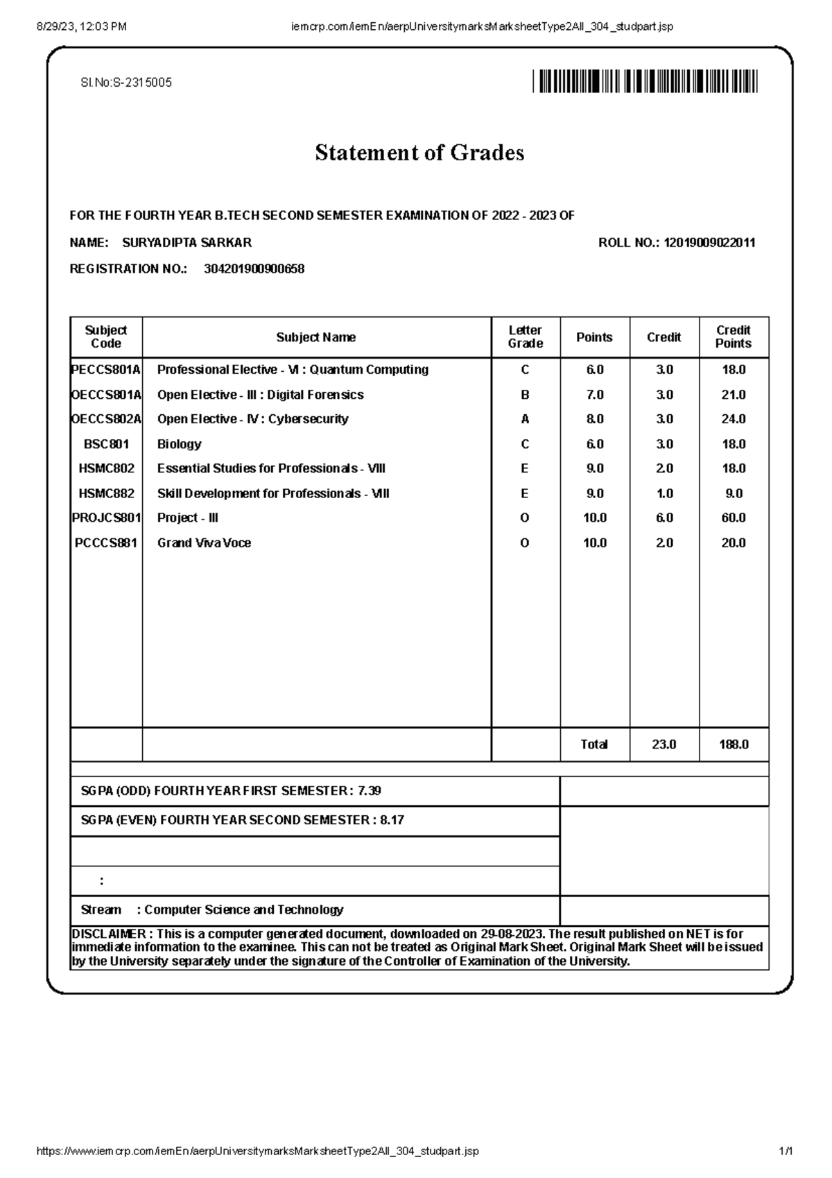 Sem 8 Marksheet - Test - 8/29/23, 12:03 PM - Studocu