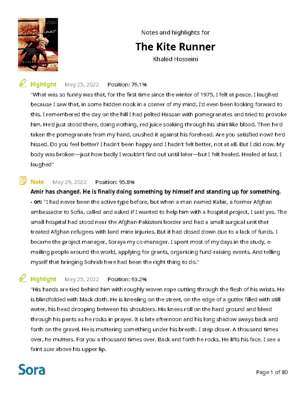 Sora notes for The Kite Runner - Highlight May 25, 2022 Position: 76% ...