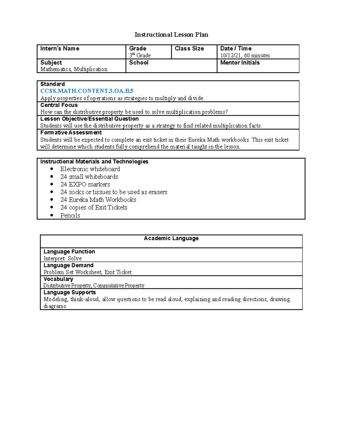 Distributive Property Lesson Plan - Instructional Lesson Plan Intern’s ...