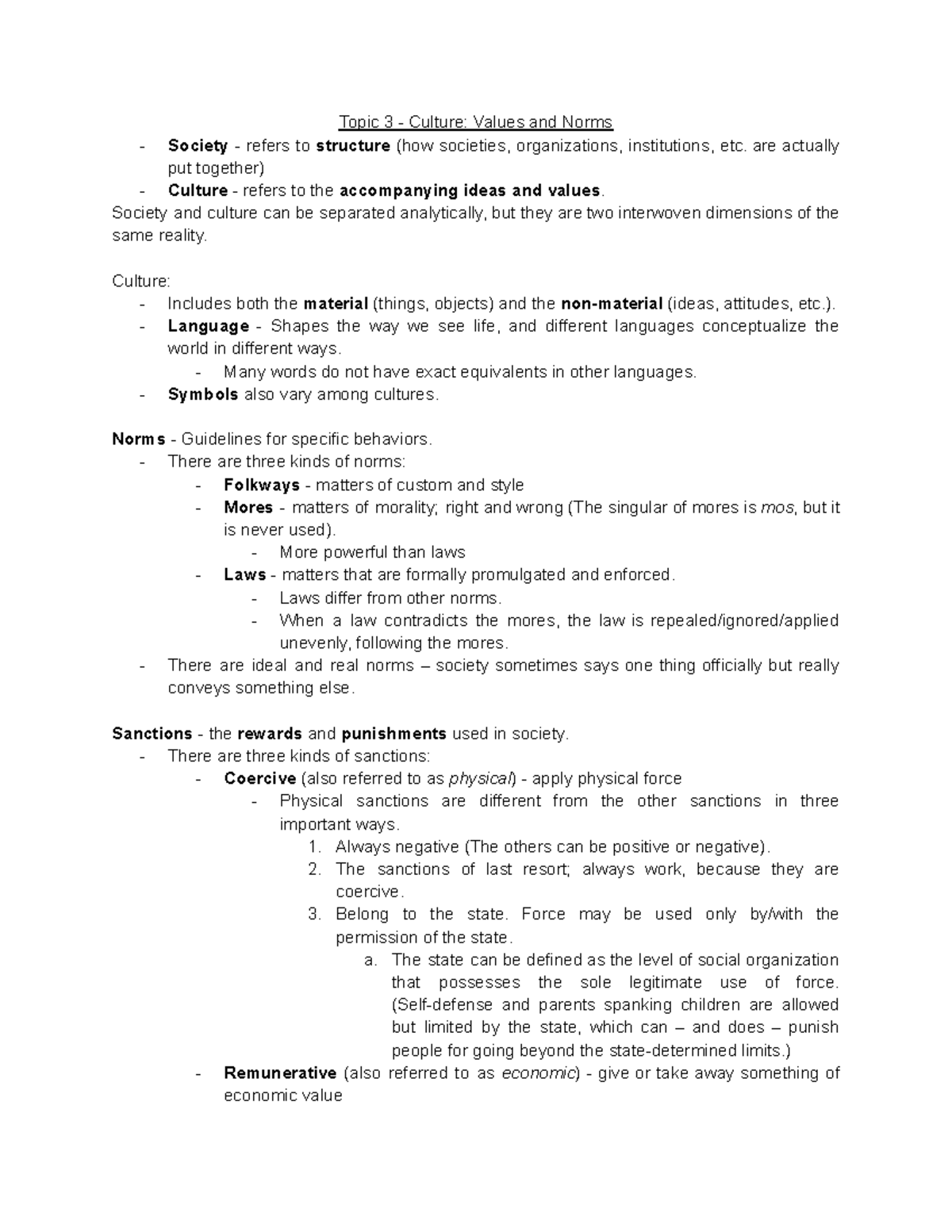 Sociology - Week 3 - Topic 3 - Culture: Values and Norms Society ...