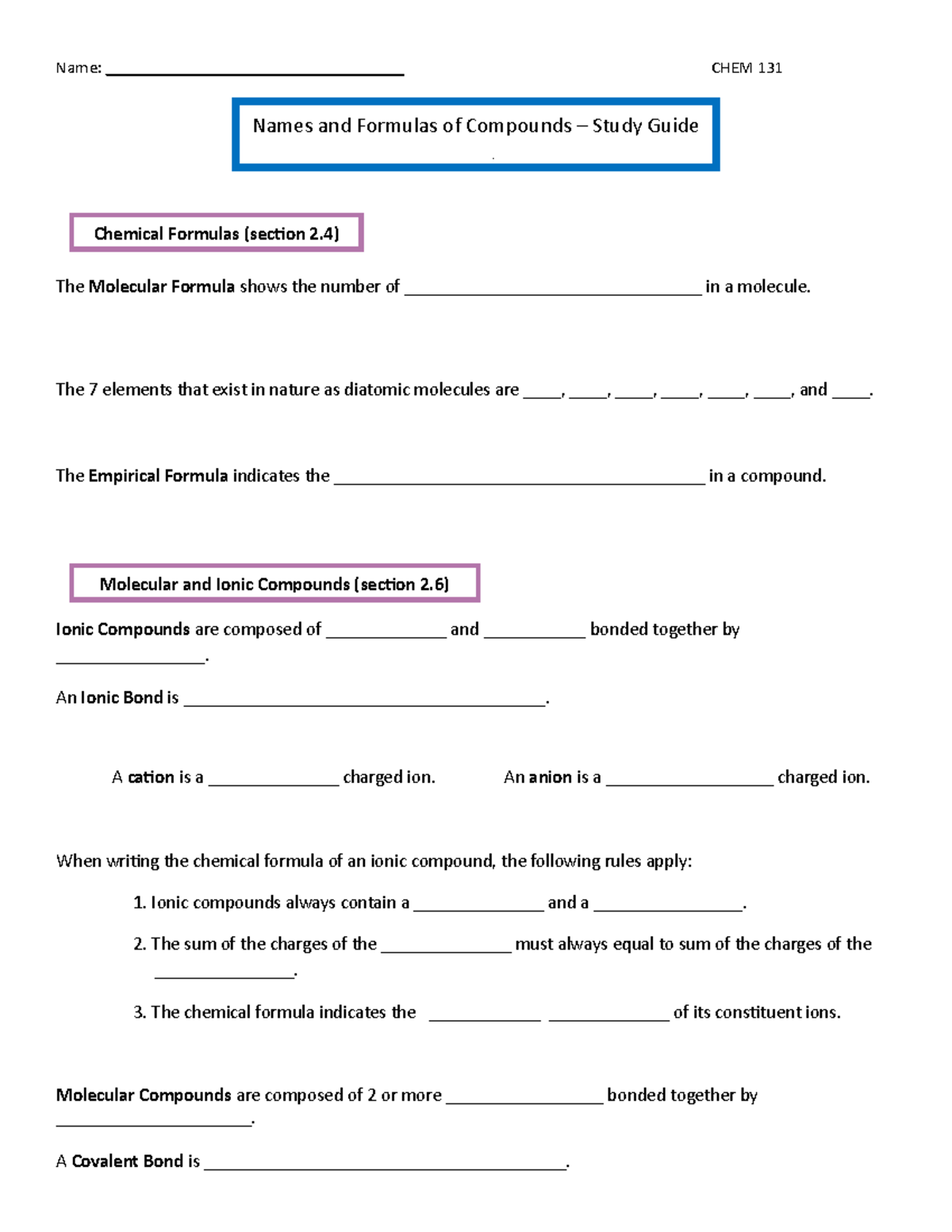 CH2 Names and Formulas of Compounds Study Guide - Name