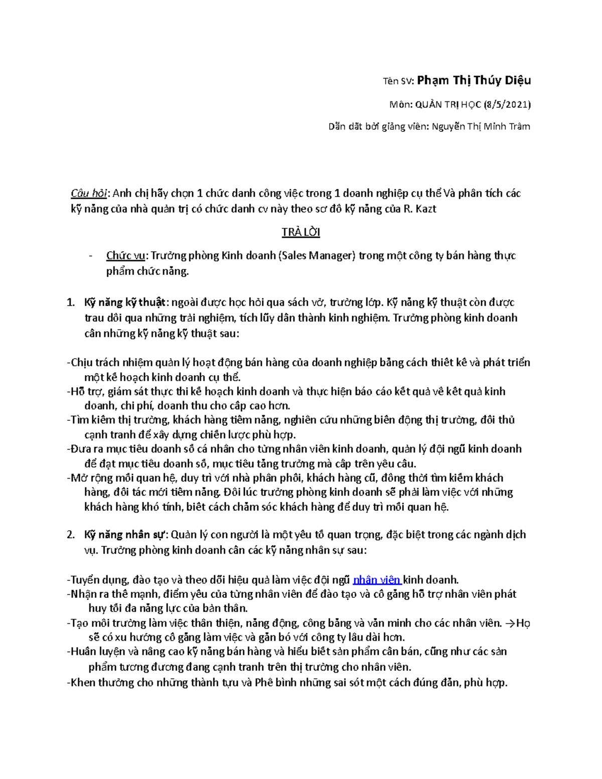 Phạm Thị Thúy Diệu - bài thu hoạch Quản trị học 8 - Tên SV: Phm Th Thúy Diuạịệ Môn: QU N TR H C ...
