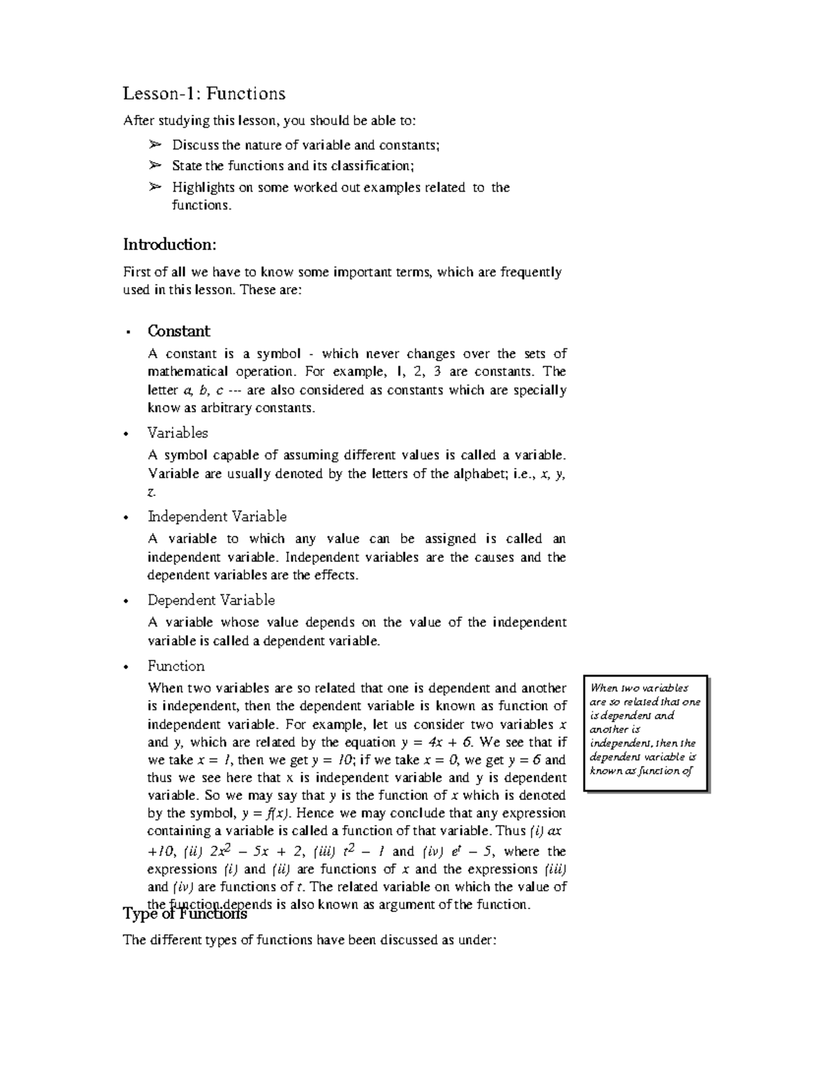 2nd topic - Lesson-1: Functions After studying this lesson, you should ...