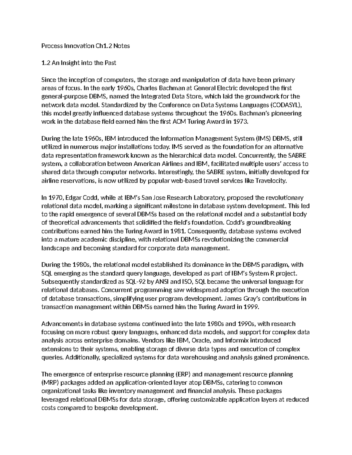 Process Innovation Ch1 - In the early 1960s, Charles Bachman at General ...