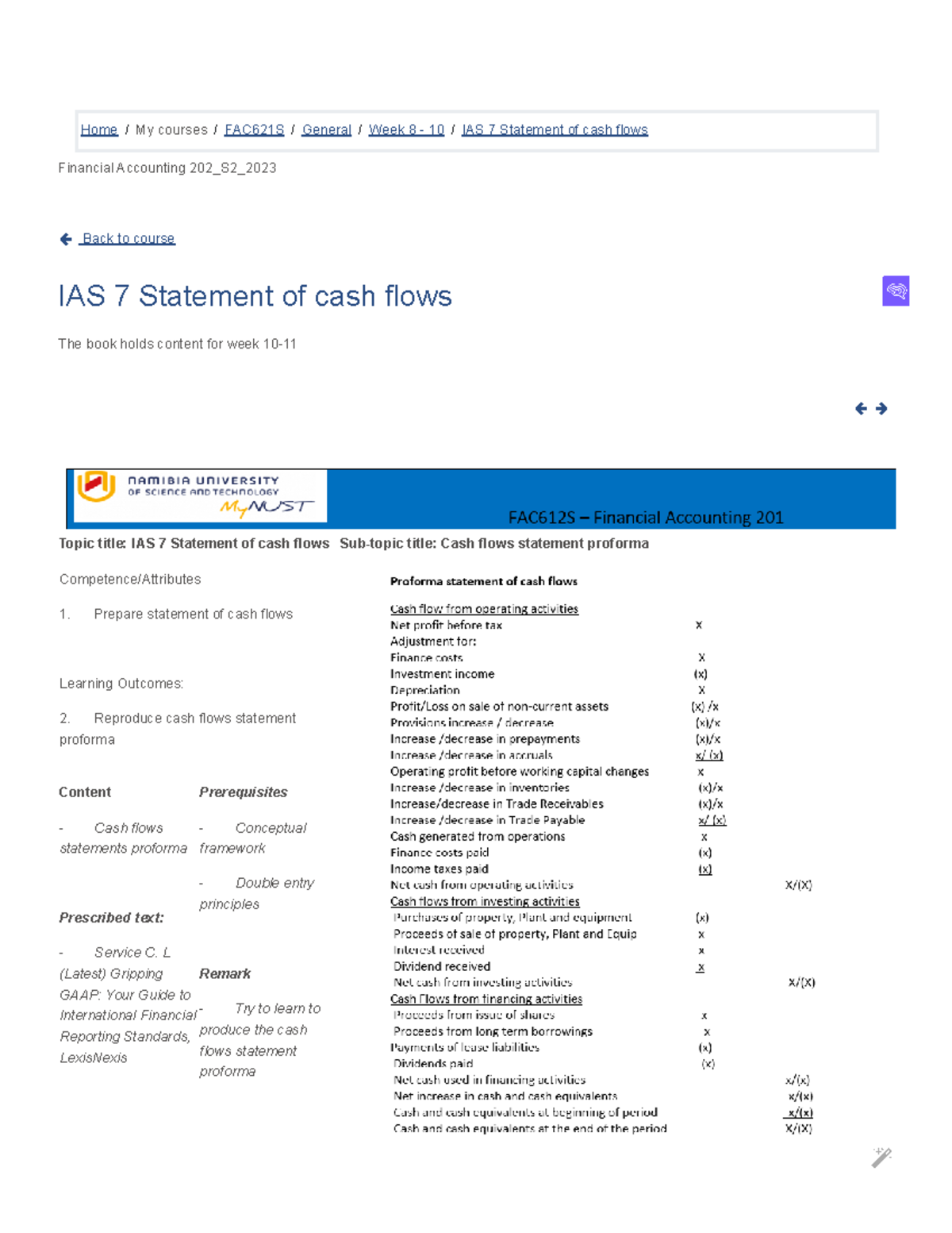 IAS 7 Statement of cash flows Cash flows statement proforma - Home / My courses / FAC621S ...