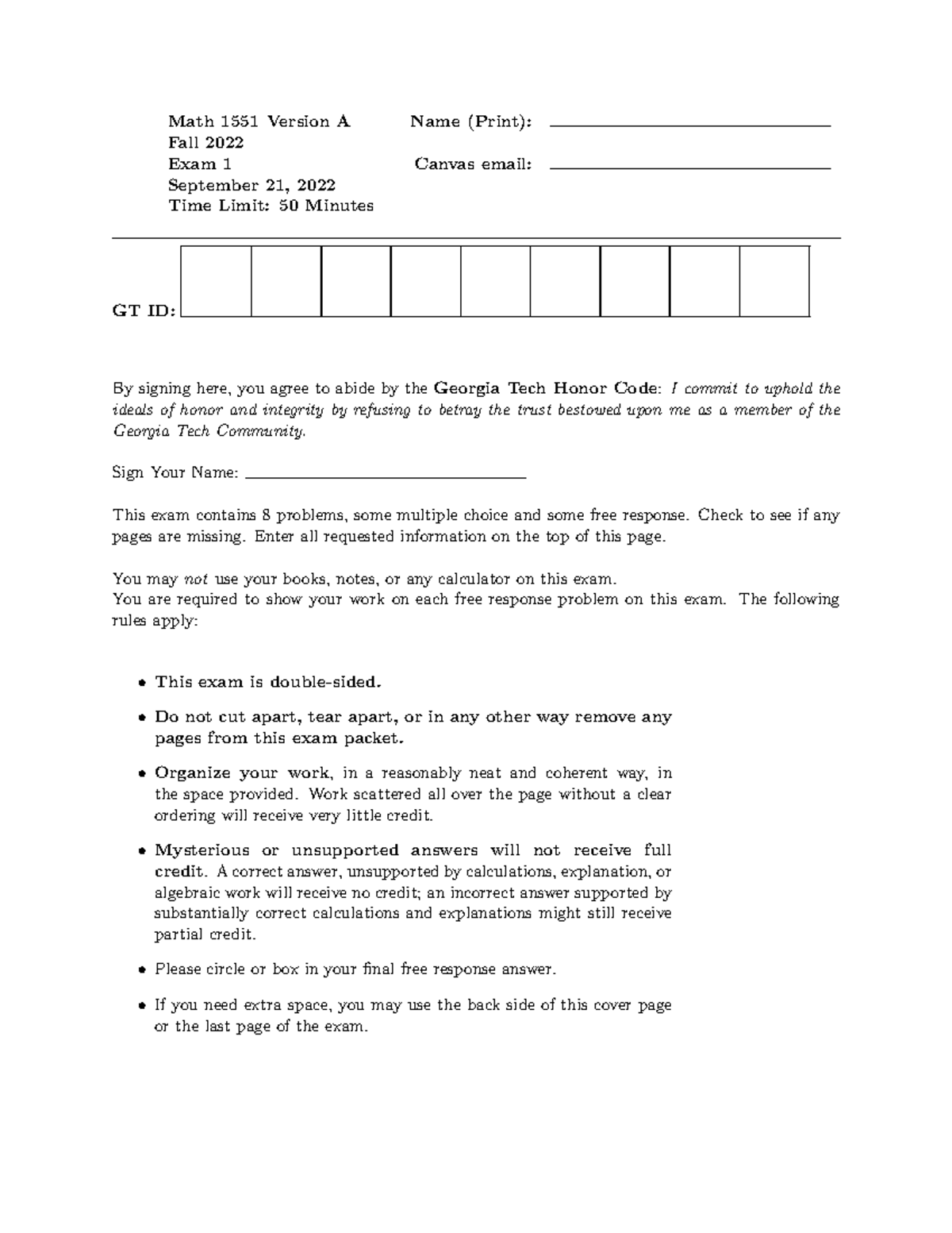 1551 F22 Exam1 - Exam from 2022 - Math 1551 Version A Name (Print): Fall 2022 Exam 1 Canvas ...