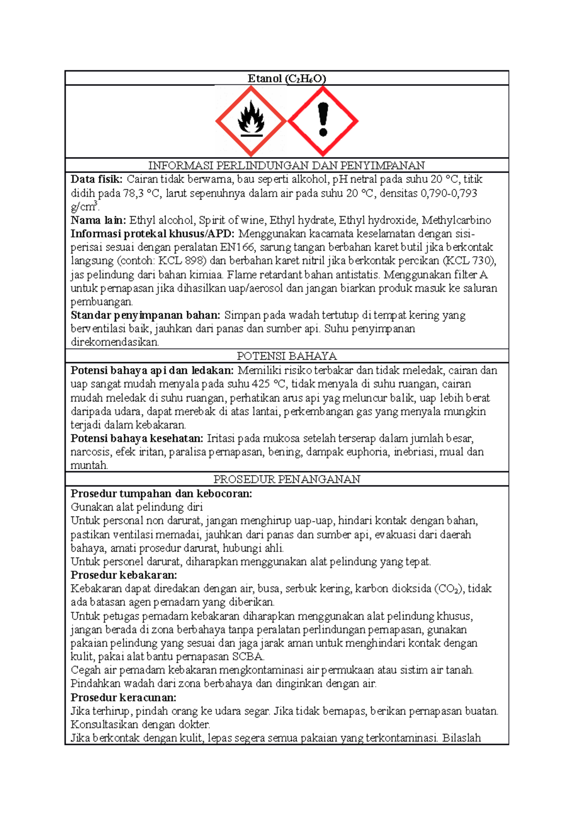 Msds belum diubah - MSDS KIMIA - Etanol (C 2 H 6 O) INFORMASI ...