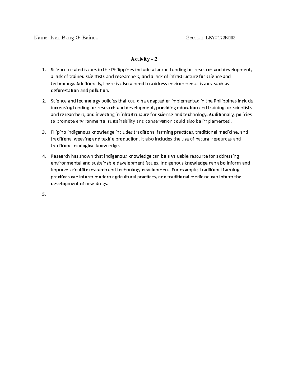 Activity 1 - 1234 - Name: Ivan Bong G. Bainco Section: LFAU122N ...