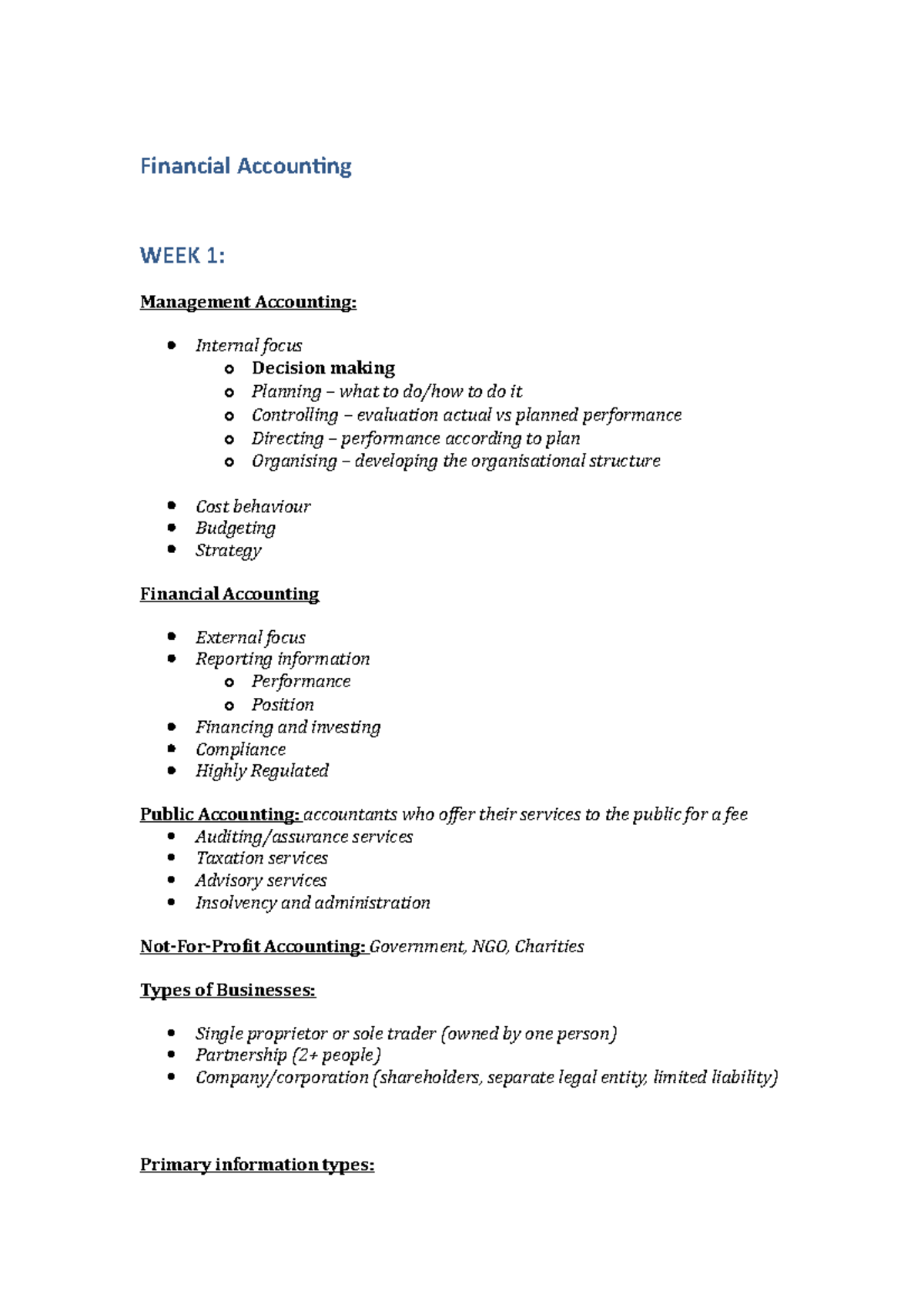 Lecture notes, lectures 1-11 - Financial Accounting WEEK 1: Management ...