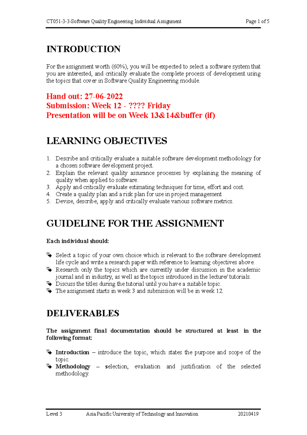 Individual Assignment Level 3 SQE (062022) - INTRODUCTION For the ...