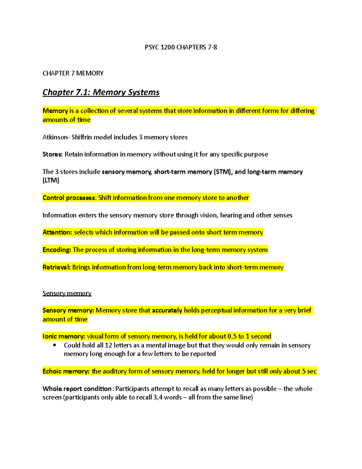 PSYC 1200 Chapters 7-8 - PSYC 1200 CHAPTERS 7- CHAPTER 7 MEMORY Chapter ...