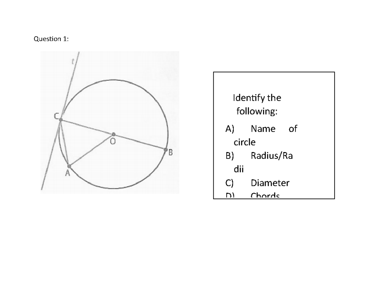 Circle activity - Identify the following: A) Name of circle B) Radius ...