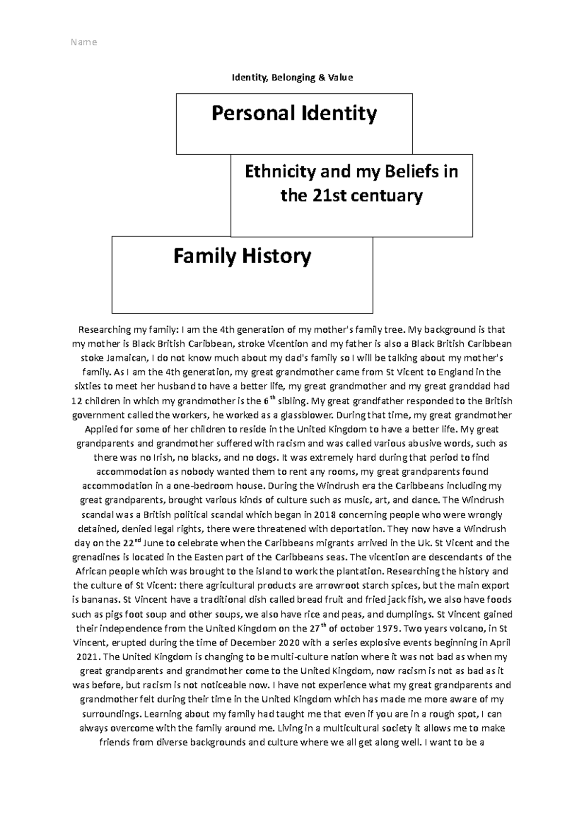 Identity Belonging and Values - student - Name Identity, Belonging ...