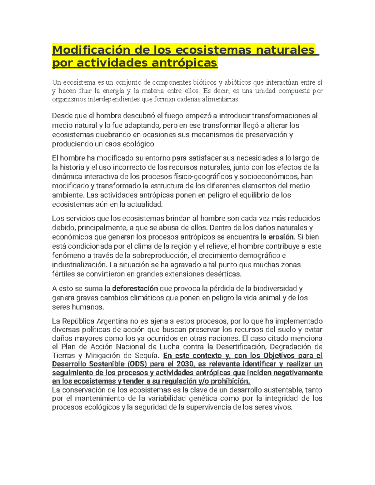 Lectura 1 Modulo 4 - Resumen Biología y Medioambiente - Modificación de los ecosistemas ...