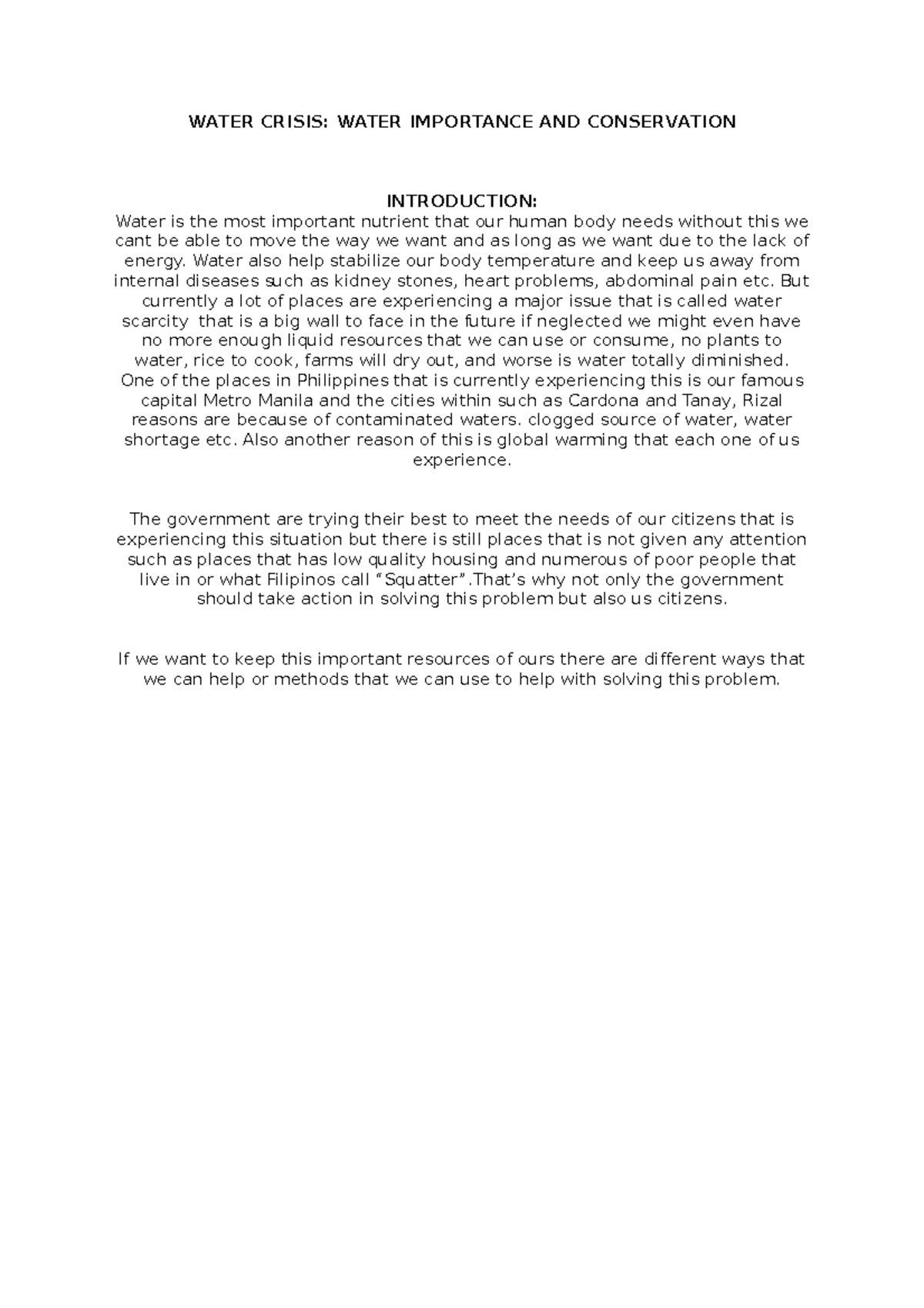 Water- Crisis - nootes - WATER CRISIS: WATER IMPORTANCE AND ...